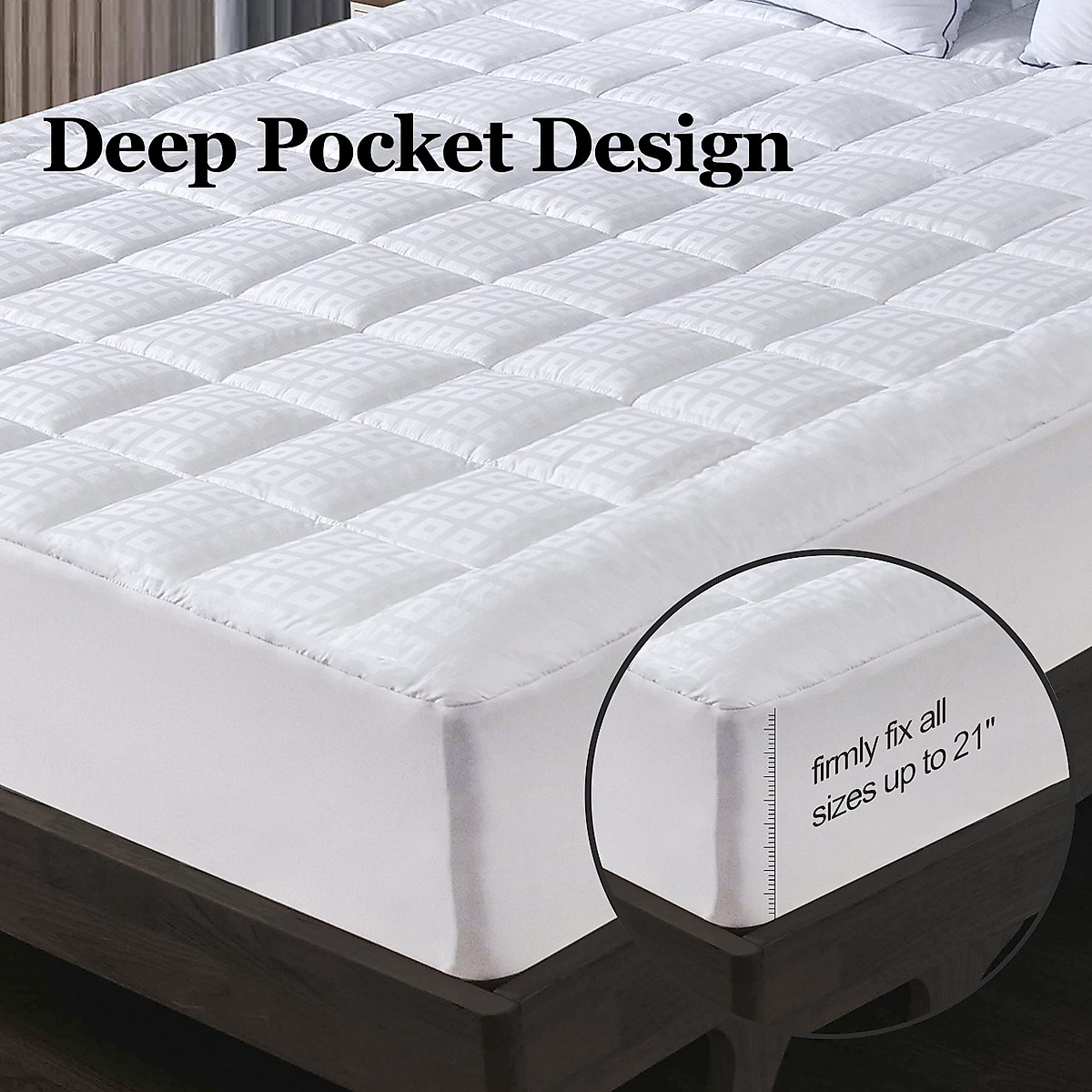 Mattress Pad Cover Cal King Size Cooling Mattress Topper Pillow Top Cotton Upper Layer with Polyester Fill Quilted Fitted Mattress Protector 8"-21" Deep Pocket White