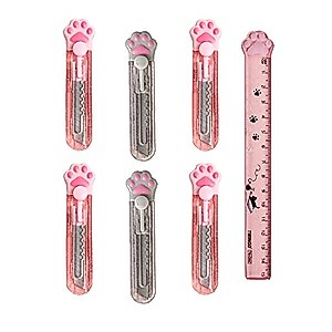 Small Utility Knife，Cute cat Paw Retractable Utility Knife，6 Utility Knifes，Send you 1 Plastic Ruler，9mm Wider Razor Sharp Blade，Perfect for Office and Home Use