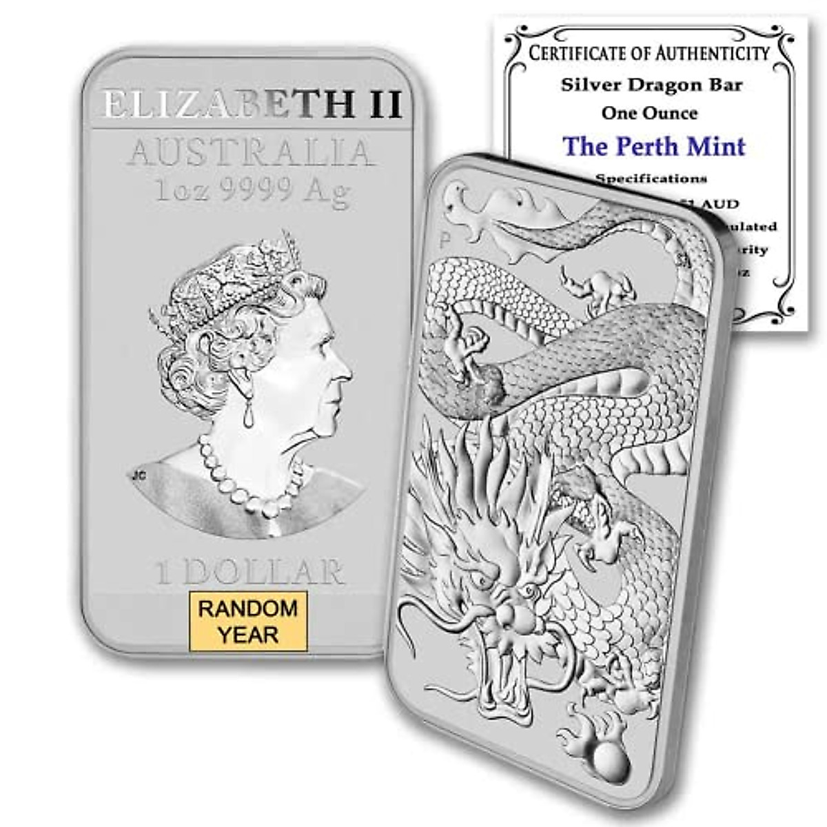 2018 - Present (Random Year) P Lot of (10) 1 oz Silver Bars Australia Perth Mint Dragon Series Rectangular Coins Brilliant Uncirculated with Certificates of Authenticity $1 BU