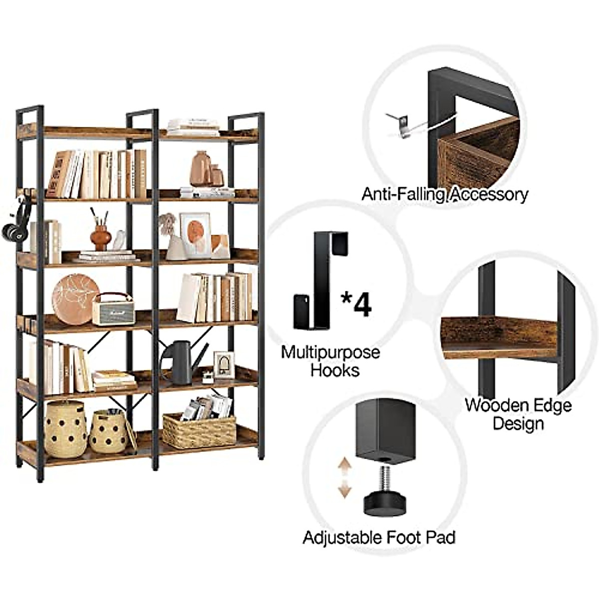 Seventable Bookshelf 6 Tier with 4 Hooks, 69” Industrial Wooden Bookcase, Vintage Storage Rack with Open Shelves, Rustic Standing Bookshelves Metal Frame 47.3” Wide Display Rack, Rustic Brown