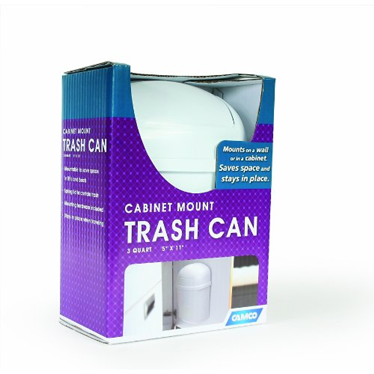 Camco RV Cabinet Mount Trash Can | Ideal for Tight Spaces in RVs, Boats, Dorms, Kitchens, Bathrooms, Laundry Rooms, and More | Spring-Top Lid | 3-Quart, White (43961)