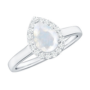 Natural Certified 5X7 MM Moonstone Halo Engagement Ring with Diamond, AAA Quality (With Ready To Gift Jewelry Box), 14K White Gold, Size:US 6.50