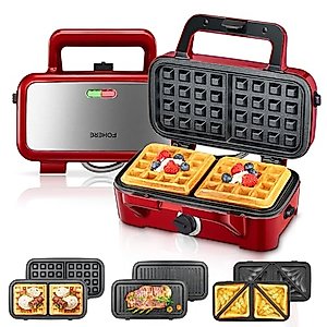 3-in-1 Sandwich Maker, 1200W Grill, Waffle and Sandwich Maker, 5 Speed Temperature Control, 3 Non-Stick and Removable Plates, Cold Touch Handle, LED Light Indicators, BPA Free, Red