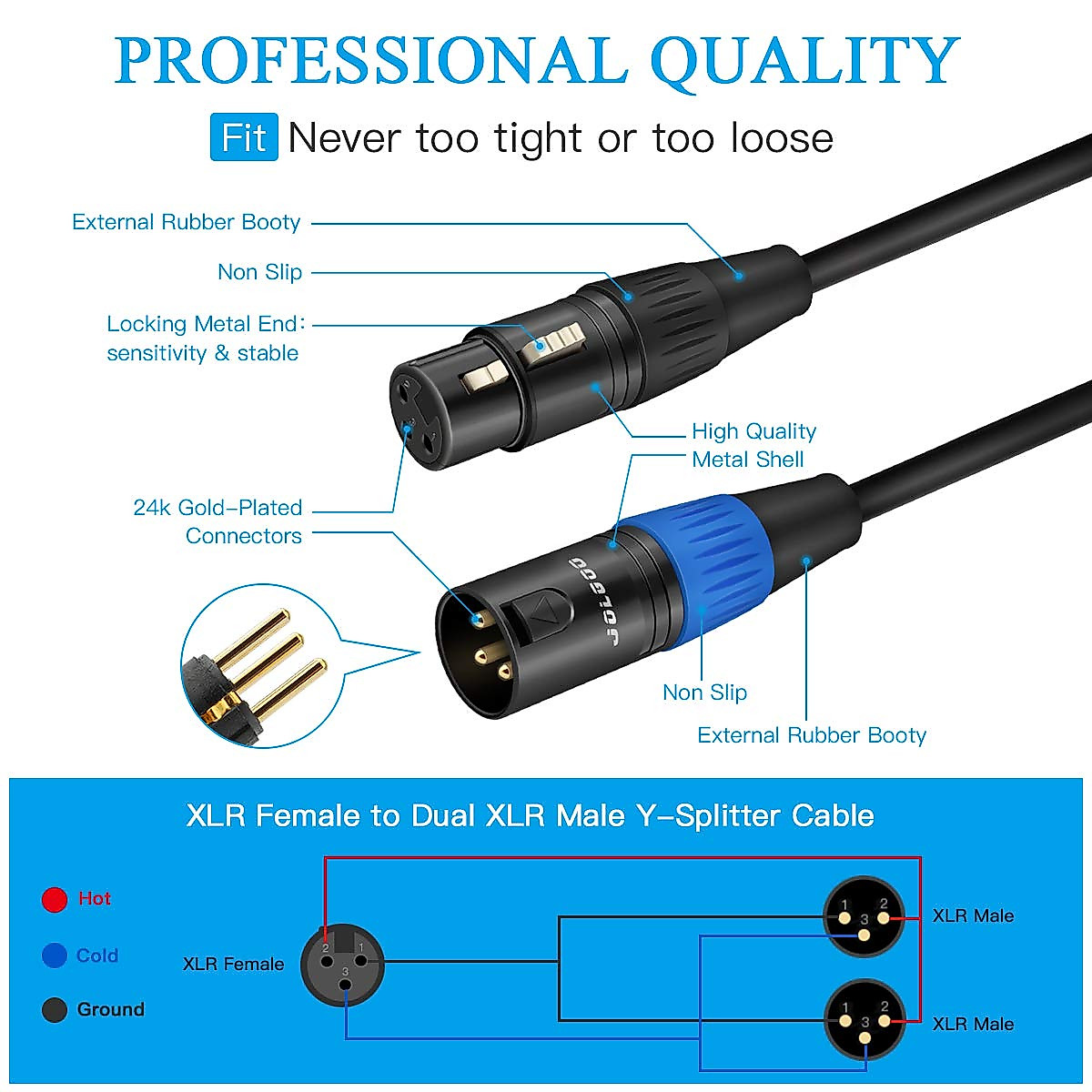JOLGOO XLR Splitter Cable, XLR Female to Dual XLR Male Y Splitter Microphone Cable, Female to 2 Male XLR Y Cable, 5 Feet