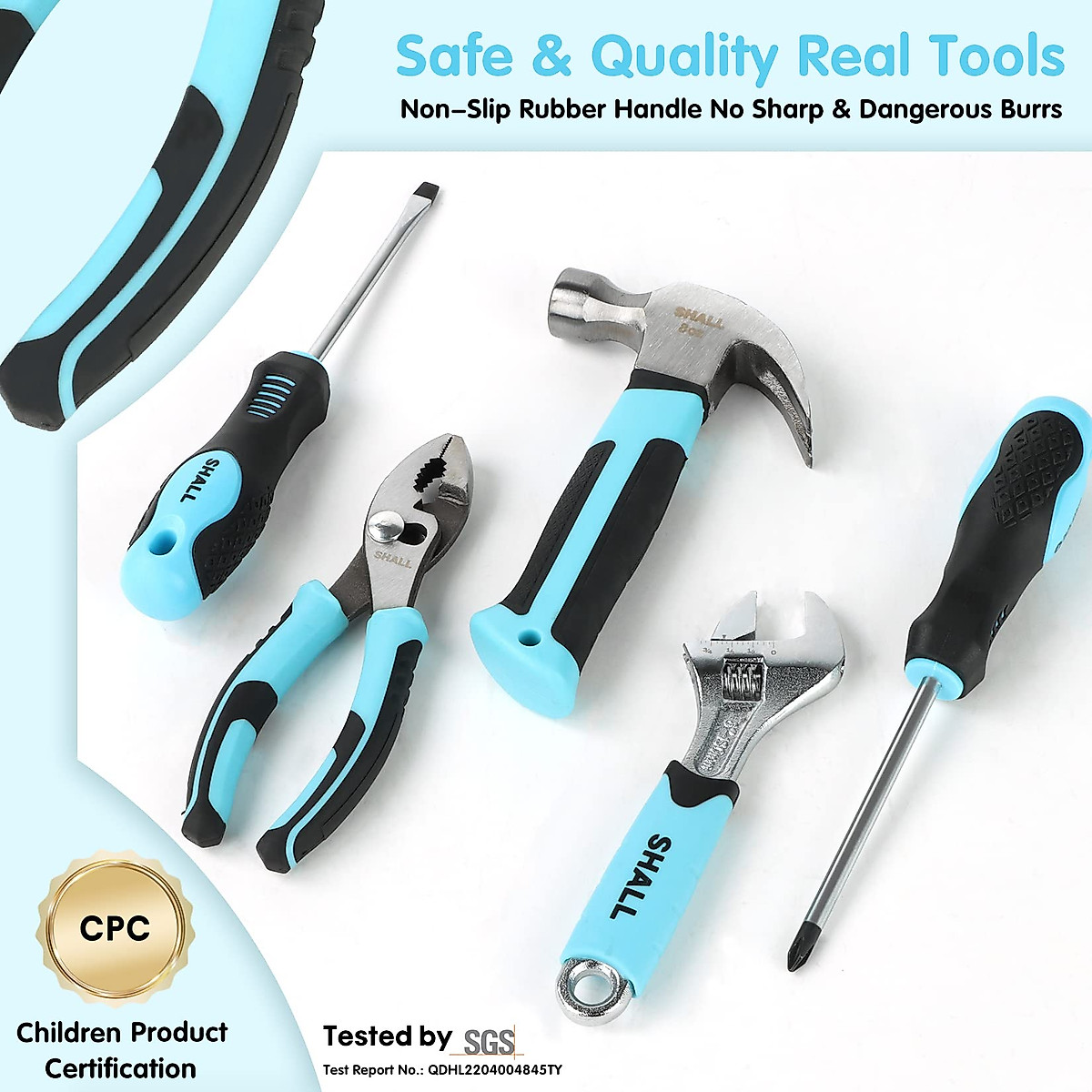 SHALL 26-Piece Kids Size Tool Set, Real Tools Kit for Kids with 12" Tool Bag, Safety Certified Children Learning Tool Set with Hand Tools for Boys & Girls Age 6+, DIY Building, Woodwork & Construction