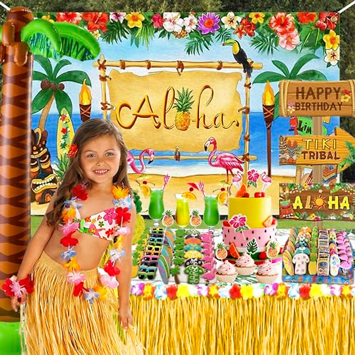 ADAM’S OFFER Hawaiian Luau Birthday Party Decorations Tropical Aloha Party Supplies for Summer Beach Decor Leis Necklaces Table Skirt Tablecloth Straws Toppers Leaves Balloon Kit