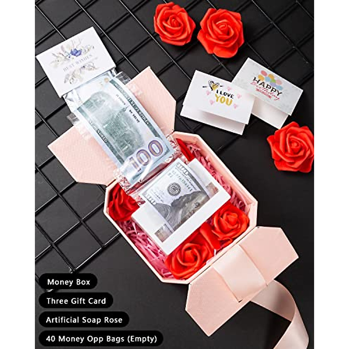 JSUPMKJ Money Pull Box for Cash Gift, Money Roll Gift Box with Flower and Ribbon, Money Gift Box Pull for Birthday/Christmas/Valentine's Day (Pink)