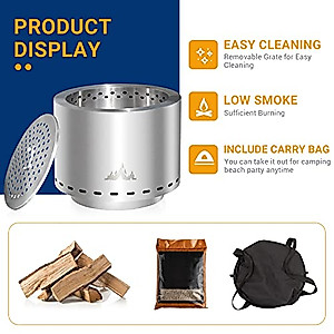 UDPATIO 19.5 inch Smokeless Fire Pit with Stand, 304 Stainless Steel Bonfire Stove for Outside, Wood Burning with Ash Pan, Portable Carrying Bag for Patio, Camping