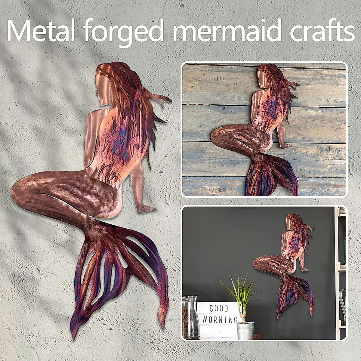 JACE Metal Wrought Iron Mermaids Crafts, Mermaid Metal Art Wall Decor, Wrought Iron Mermaid for Home Garden Beach Decoration (Copper)