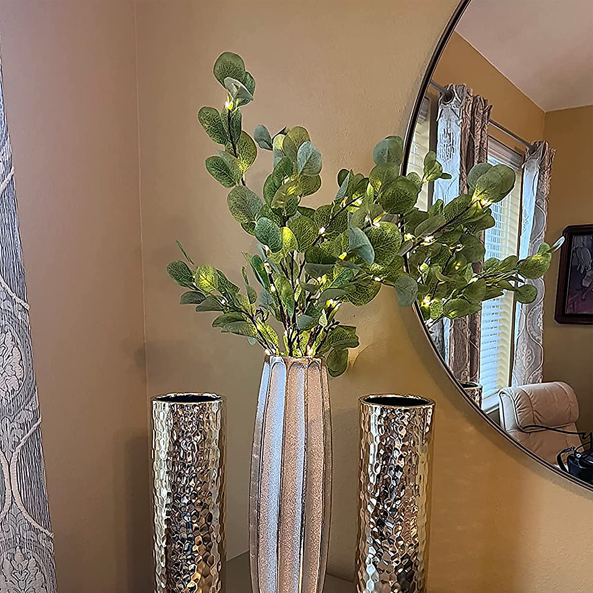 Lightshare 30IN Lighted Eucalyptus Branches 38LED with Timer Battery Operated Lit Artificial Twig for Wedding Holiday Party Christmas Home Decoration, Dark Green