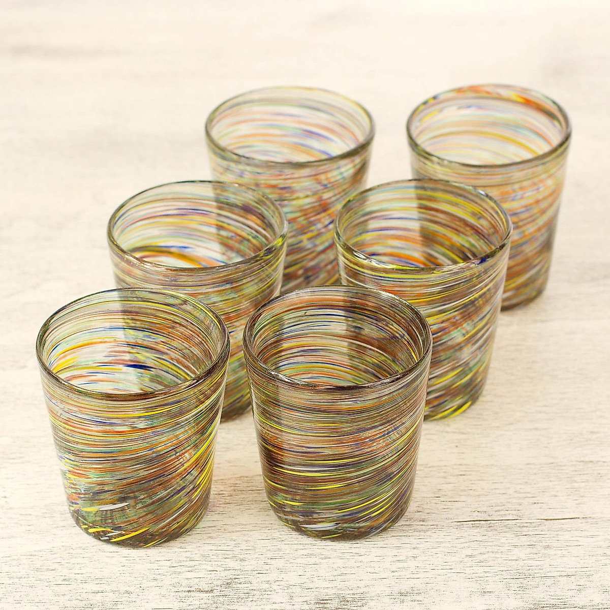 NOVICA Rainbow Centrifuge Hand Blown Multicolor Recycled Glass Water Glasses, 11 Oz, (Set Of 6)