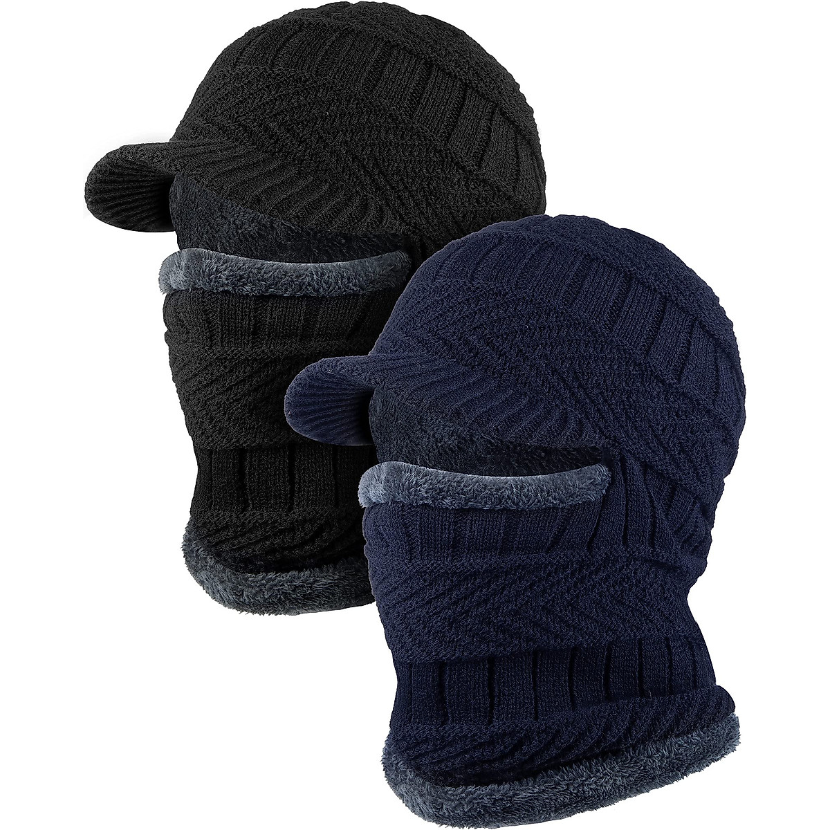 2 Pieces Winter Knitted Balaclava Beanie Hat Warm Cycling Face Covering Winter Neck Warmer Knit Hat Neck Gaiter for Adults Outdoor Sports, Black and Navy Blue