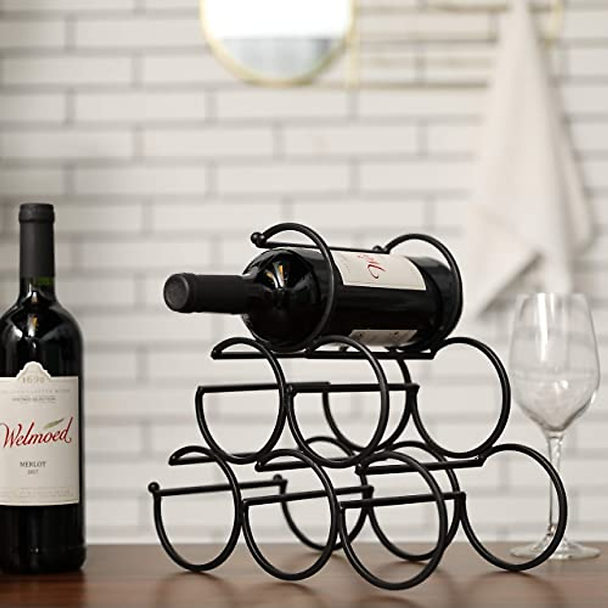JHY DESIGN Iron Tabletop Wine Rack 11.5''x6''x10.5'' Rustic Wine Bottle Rack Storage Wine Shelf Freestanding Wine Holder Portable Wine Cabinet Mini Bar for Home Counter(6 Bottles Design Dia 3.5inch)