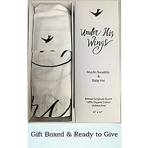 Under His Wings Muslin Swaddle & Bonus Baby Hat with Scripture Quote (Psalm 91) - 100% Organic Unbleached Cotton - Swaddle/Blanket is a Unique Shower & Baptism Gift -