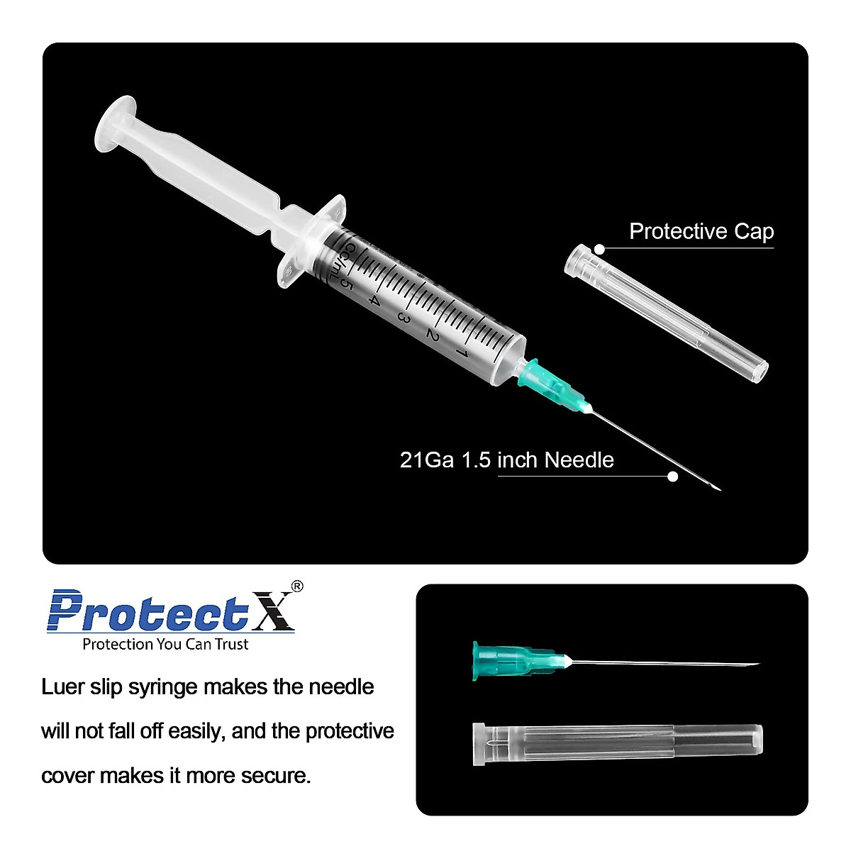 ProtectX 5ml Disposable Luer Slip Sterile Syringe with 21Ga 1.5” Needle, Individually Sealed, Smooth and Accurate Dispensing for Science Labs, 50-Pack