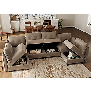 LLappuil Modular Sectional Sofa with Storage U Shaped Couch with Reversible Chaise Velvet Waterproof Anti-Scratch Sofas for Living Room 6 Seats Grey Brown