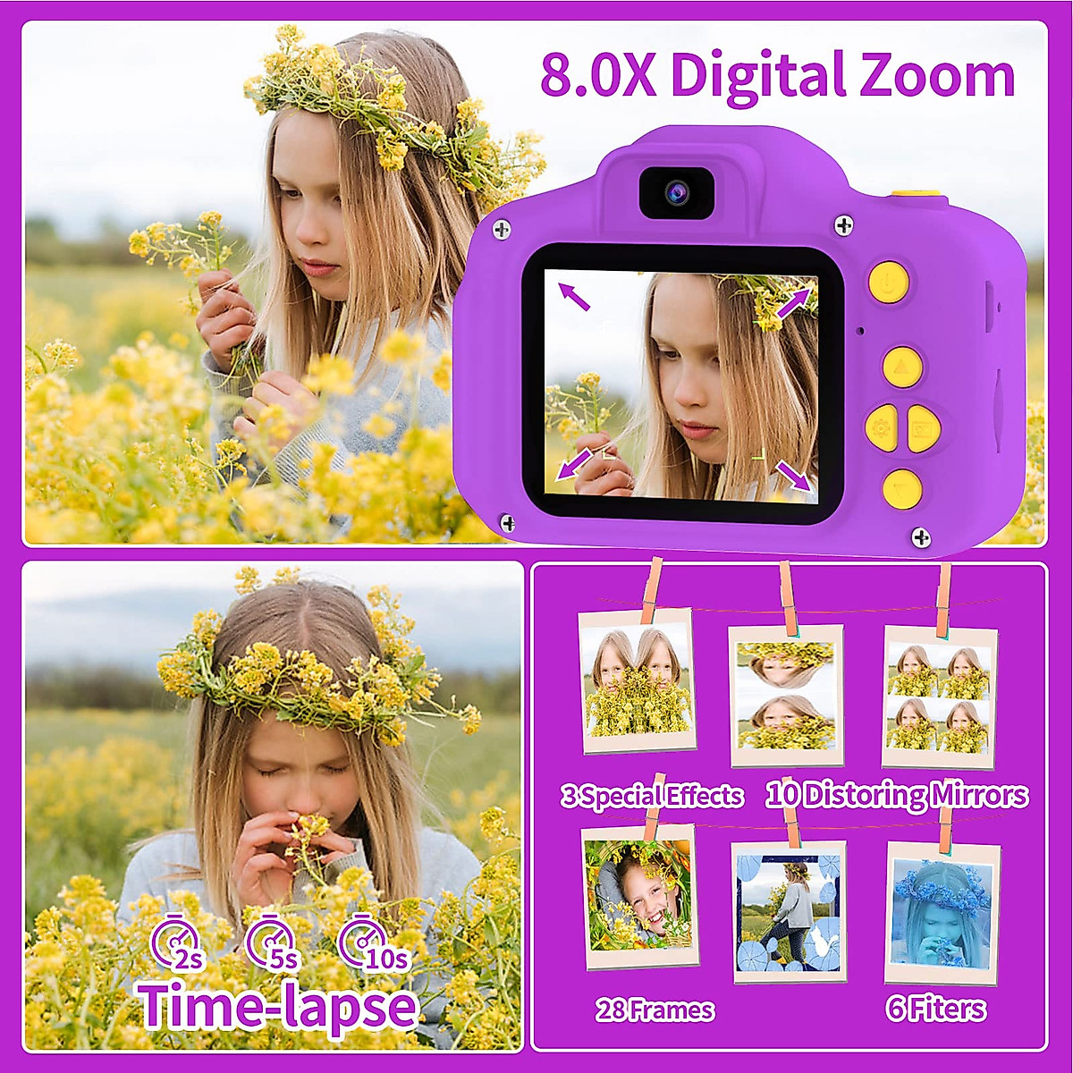 Kids Camera for Boys Girls - 2 Inch IPS Children Camera for Kids 1080P Video Camcorder Toddler Camera Birthday Gifts for 3 4 5 6 7 8 9 Year Old Girls Boys with SD Card (Purple)
