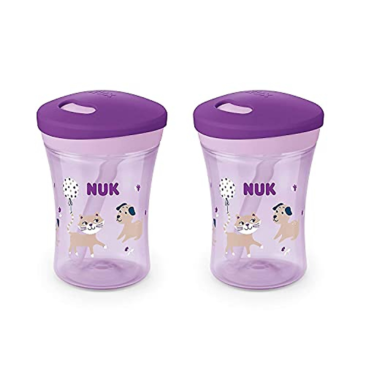 NUK Evolution Straw Cup, 8 oz (Purple Cat & Dog, 2 Pack)