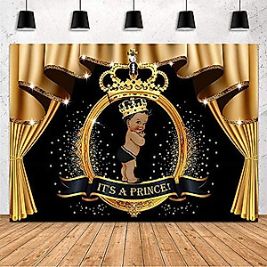 MEHOFOND It's A Prince Baby Shower Backdrop Prince Black Gold Party Decorations Crown Curtain Diamond Royal Prince Photography Background Banner Cake Table Studio Photo Props 10x7ft