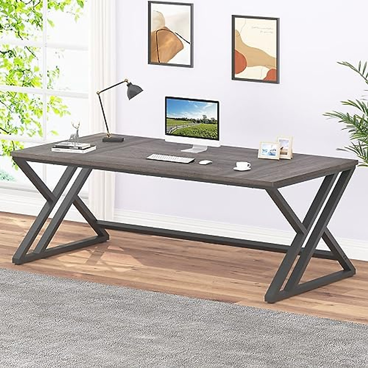 IBF Long Rustic Computer Desk, Industrial Large Wood Metal Office Desk, Modern Pc Study Writing Desk for Two Person, Corner Workstation Executive Desk for Home Bedroom Living Room, Dark Gray, 70 Inch