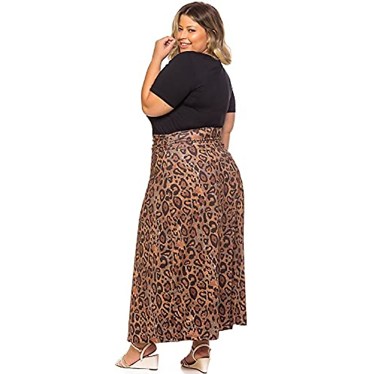 Women's Plus Size Maxi Skirt - Fold Over High Waist Long Skirts, Brown Leopard, 1X