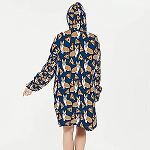 Wearable Blanket Hoodie, Corgi Pizza Funny Dog Oversized Hoodie Sweatshirt Blanket for Adults Women Men Cozy Warm Hoodie Blanket with Pocket