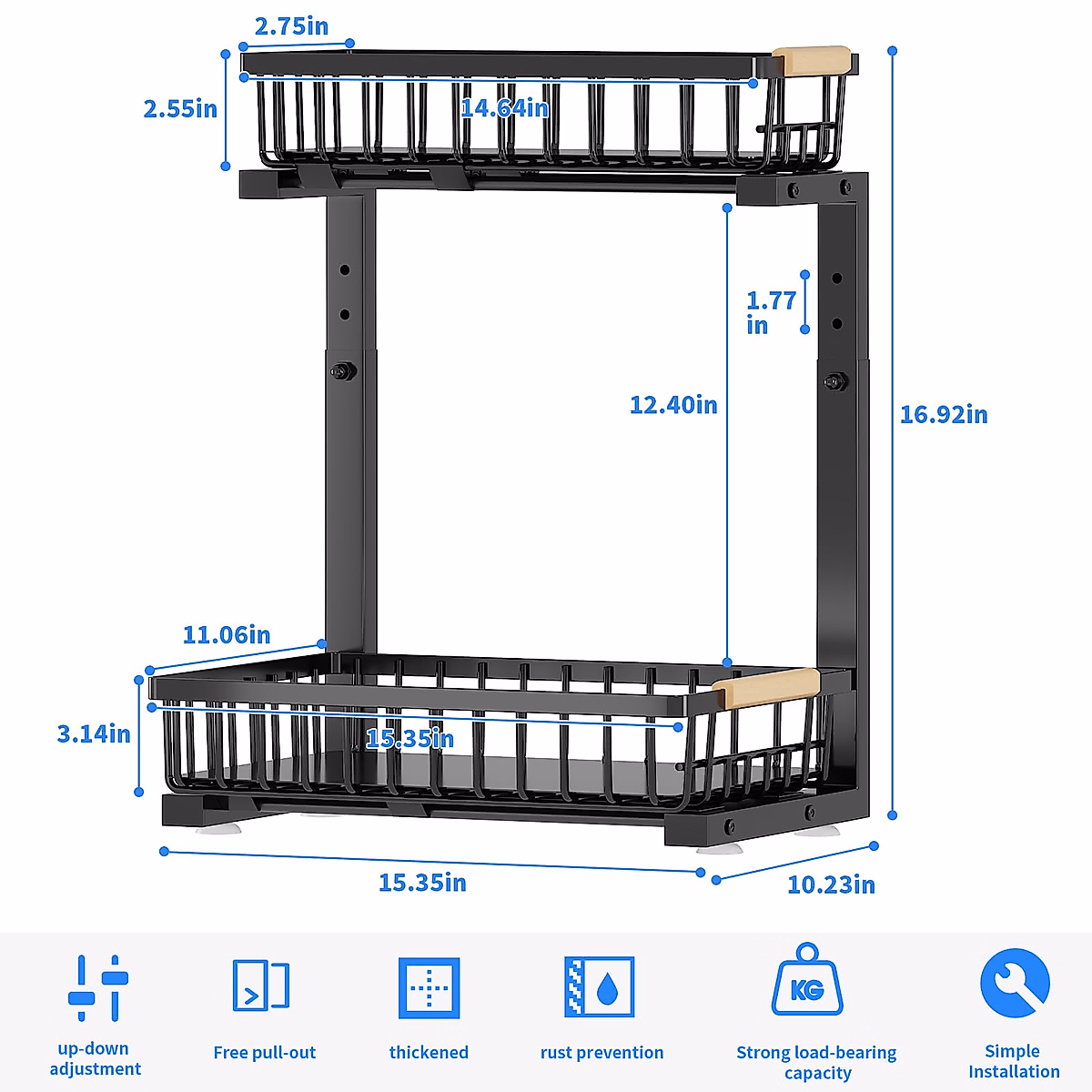 KEKAPE Under Sink Organizer and Storage,Height Adjustable Under Sink Organizer, Single 2 Tier Pull Out Drawer Cabinet Organizer for Kitchen Bathroom Storage