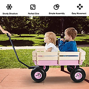 All Terrain Wagons for Kids Wagon with Removable Wooden Side Panels Garden Wagon Cart Heavy Duty with Steel Wagon Bed Folding Wagons for Kids/Pets Ideal Gift for Kids for Halloween Christmas, Pink