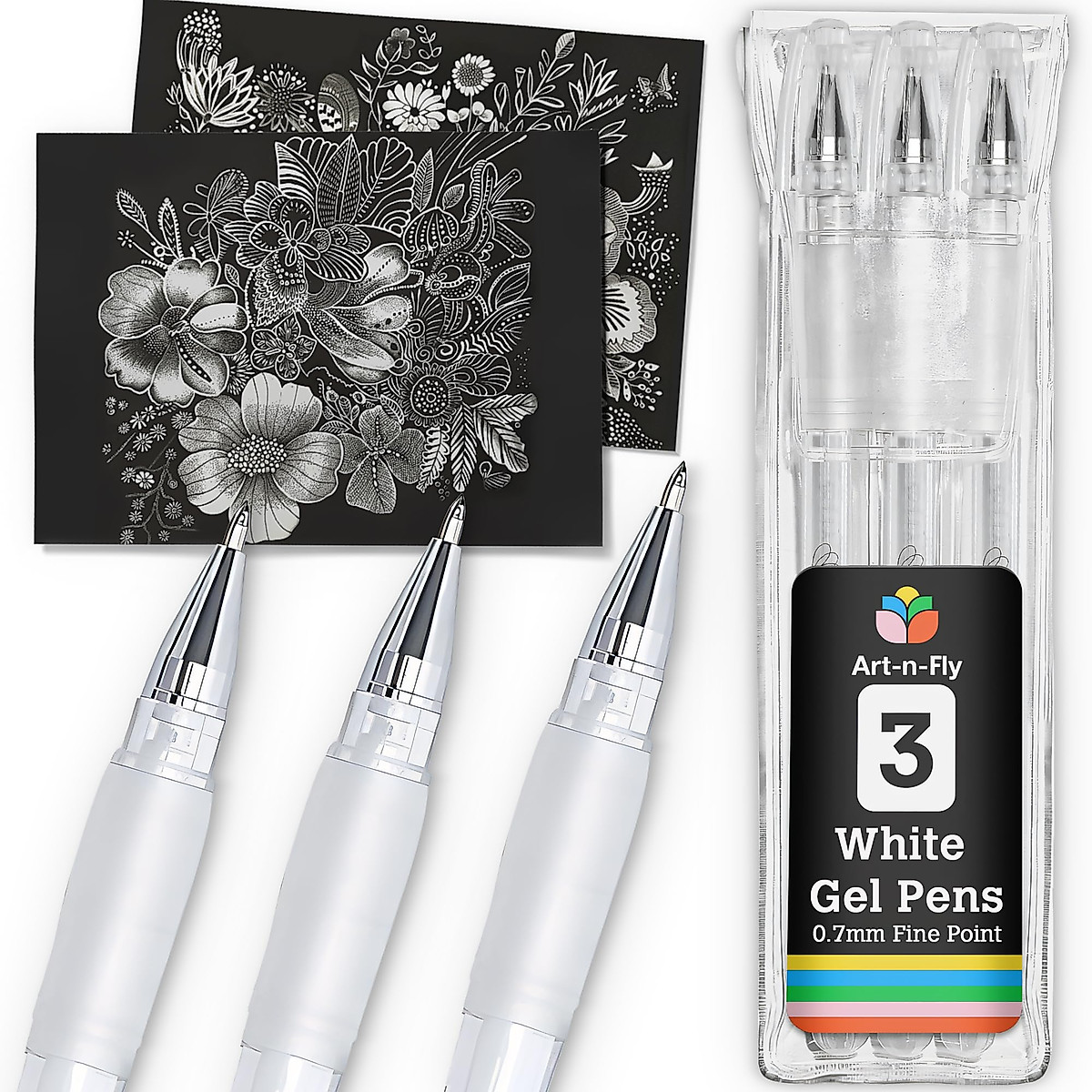 White Gel Pen for Artists 0.7mm Fine Point - Smudge-resistant White Pen for Art Drawing, Sketching & Writing (3pack) - White Ink Pen Highlight Fineliner - Archival Gel Ink - Opaque on Black Paper