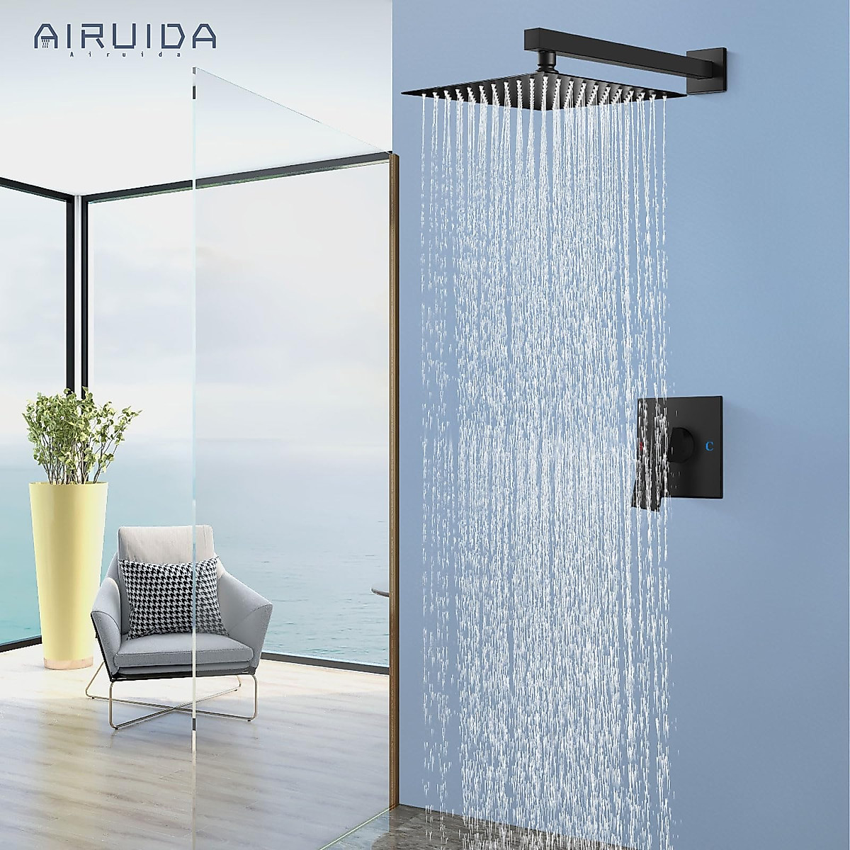 Airuida Shower Faucet Set Bathroom Rain Shower System SUS304 Stainless Steel Single Handle With Male Threads Rough-in Valve Shower Trim Kit 12 Inch Wall Mount Shower Head Matte Black