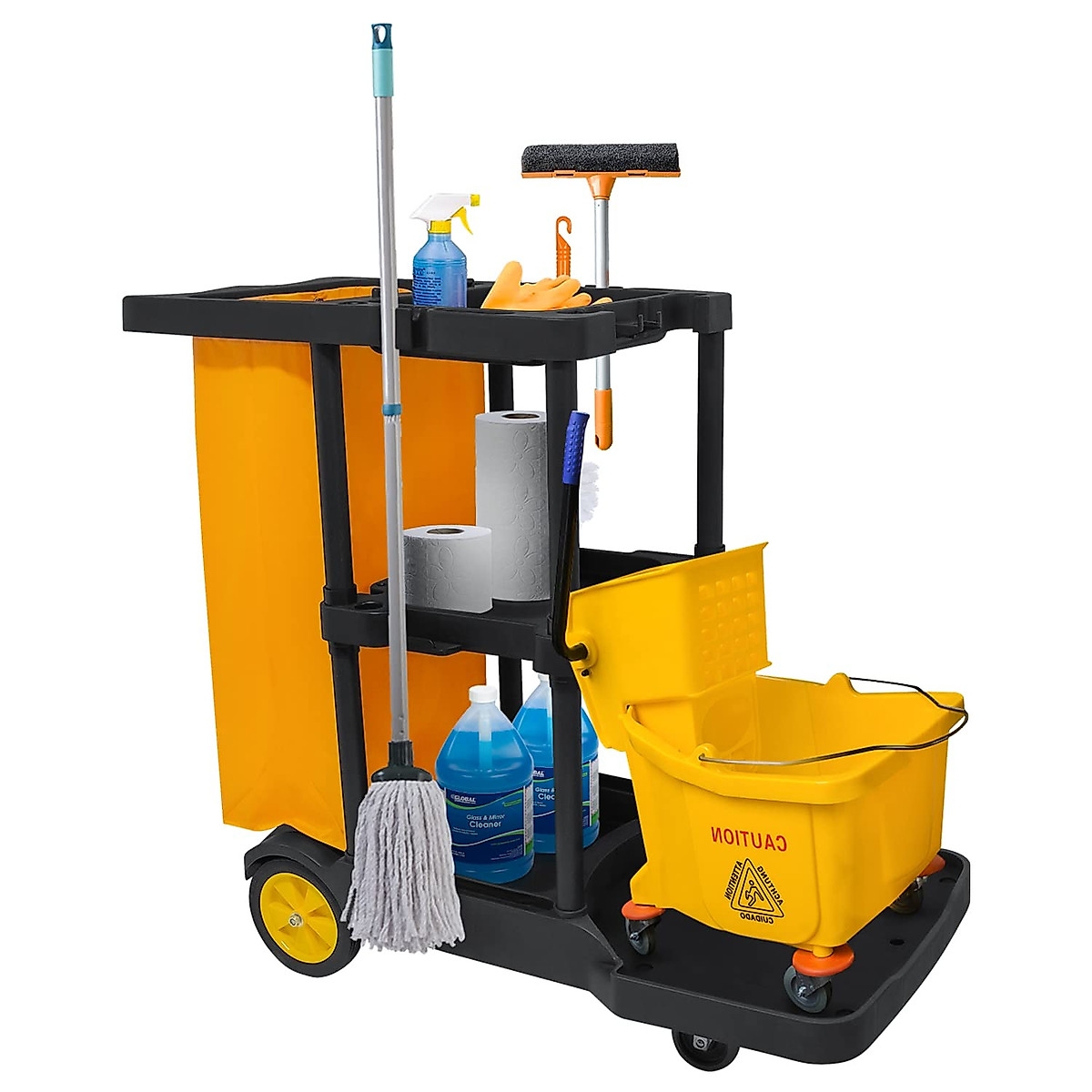 tonchean Commercial Janitorial Cart 3 Shelf Housekeeping Cleaning Cart, Large Capacity Utility Clean Trolley with Wheels and 25 Gallon Vinyl Bag 44.5”L x 22”W x 36.6”H, Black