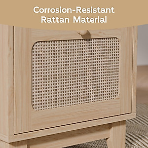 Modern Rattan Nightstand Set of 2, Wicker Rattan Stand with Drawer and Charge Station, Wooden Bedside Table for Small Spaces, Natural Wood Side Table for Bedroom (with Charging Station, 2)