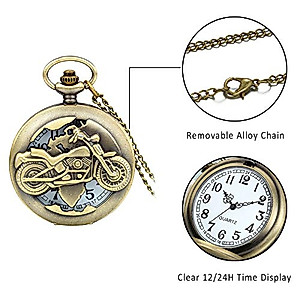 JewelryWe Bronze Biker Motorcycle Motorbike Moto Pocket Watch Necklace Pendant Mens, for Xmas