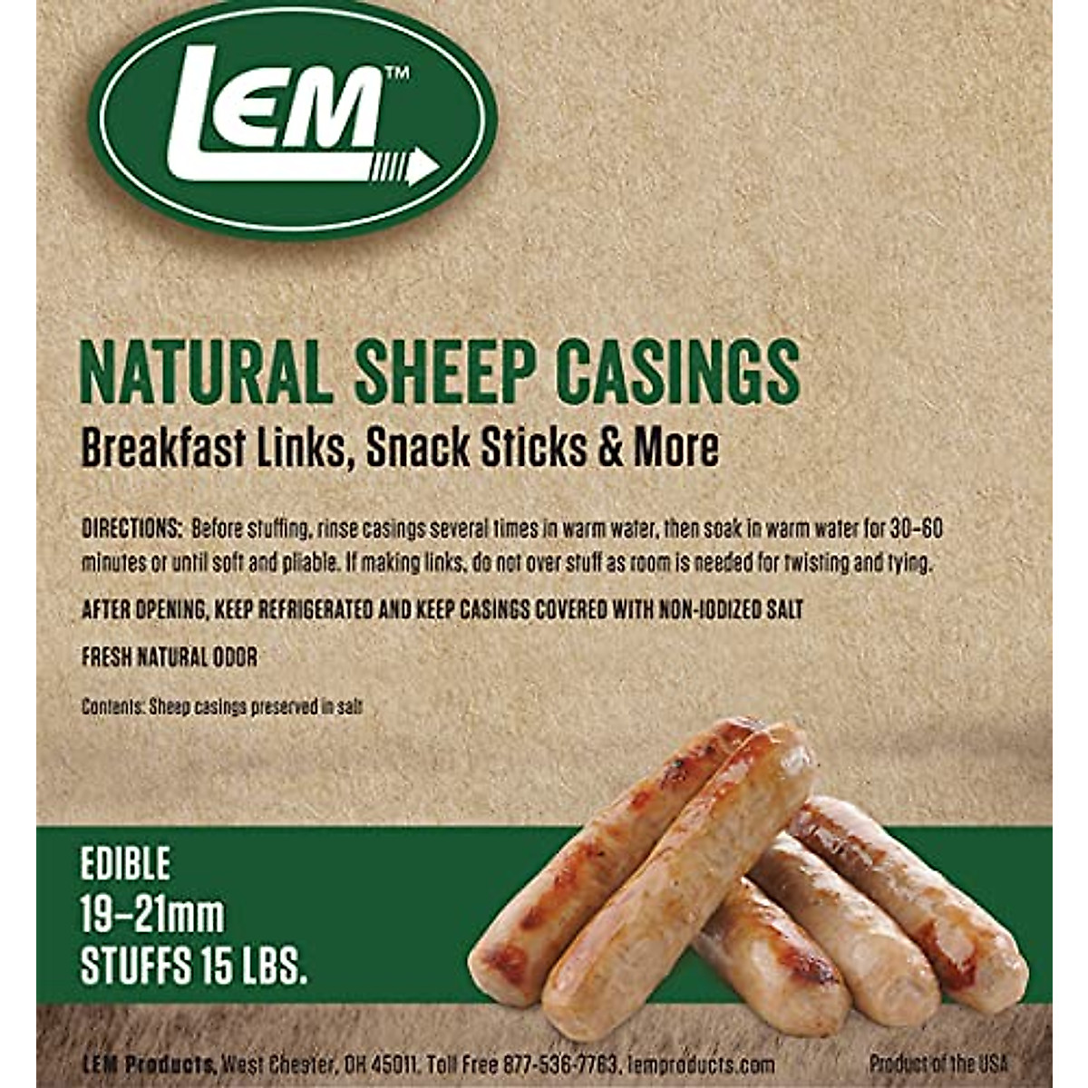 LEM Products Natural Sheep Casings, 19-21mm, Edible Sausage Casings, Stuffs Approximately 15 Pounds, Great for Snack Sticks, Breakfast Sausage Links, and More, 15 lbs of meat, - (Package May Vary)