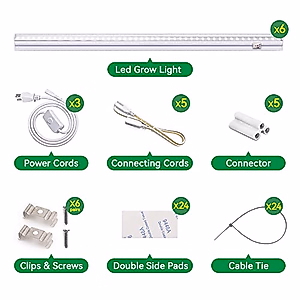 Monios-L LED Grow Light Strips,Full Spectrum Sunlight White, 3FT T5 90W(6X15W,500W Equivalent) for Indoor Plants,Grow Bars with Individual Switch for Herbs/Hydroponics/Succulents,6-Pack