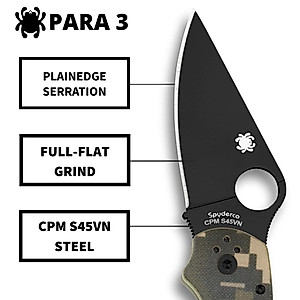Spyderco Para 3 Camo Signature Folding Utility Pocket Knife with 2.95" Black CPM S45VN Blade and G-10 Handle - Everyday Carry - PlainEdge - C223GPCMOBK