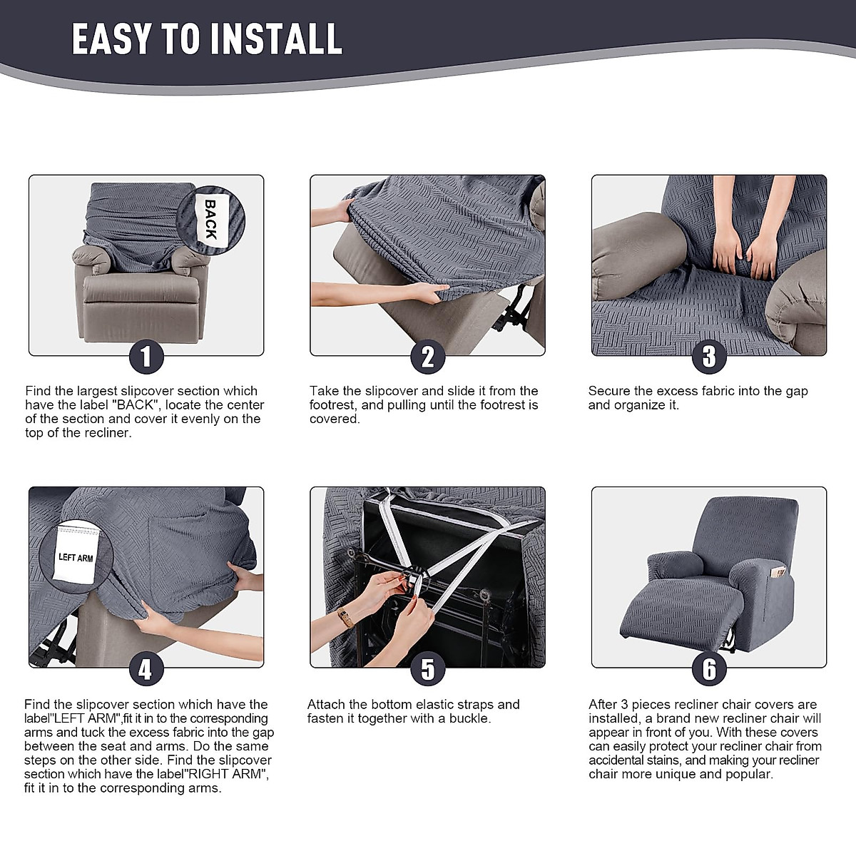 KinCam Recliner Covers, Stretch Reclining Chair Covers, Recliner Sofa Slipcovers Stripe Jacquard Recliner Couch Covers Furniture Protector Covers for Pet Kid (1 Seater, Dark Gray)