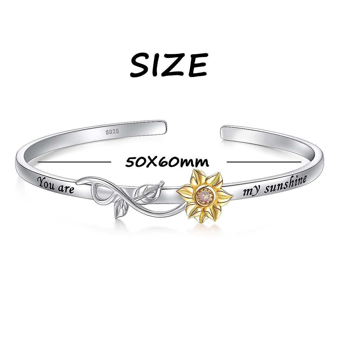 S925 Sterling Silver Sunflower with CZ Engraved You Are My Sunshine Bangle for Women 18" (Bangle)