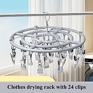Autminia Stainless Steel Clothes Sock Drying Rack with 24 Clips, Swivel Hook Windproof Clothes Hanger Rack for Sock, Bras, Towel, Underwear, Laundry Clothes, Hat, Scarf, Pants, Gloves (Gray Clips)