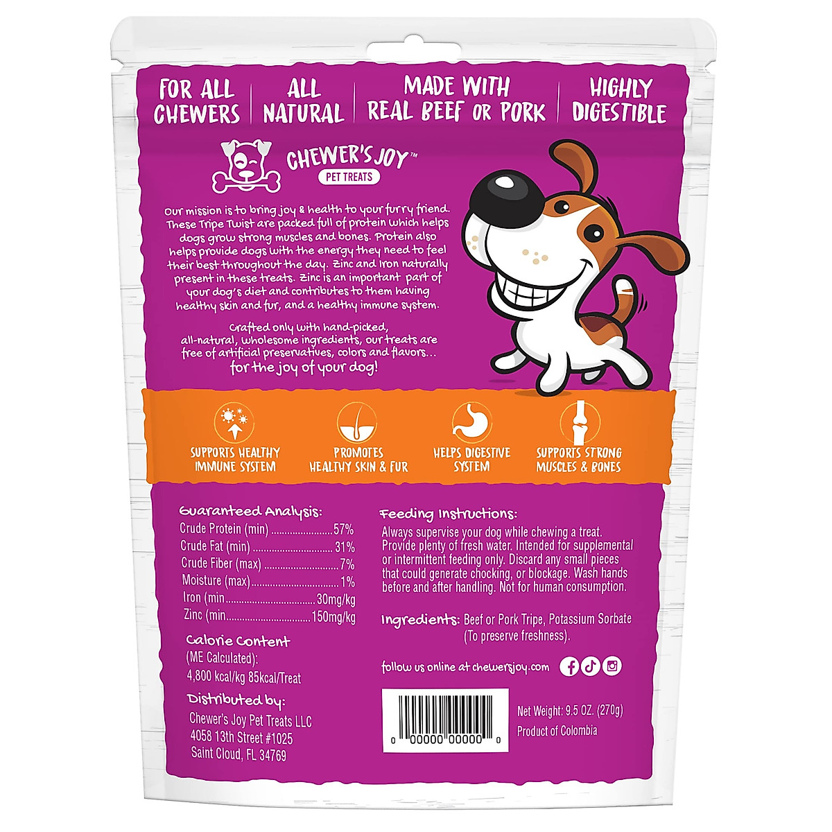 Chewer's Joy Tripe Twist 15pk 6-7in, Premium Quality, High in Protein for Strong Muscles and Bones, Minerals Like Iron & Zinc Naturally Present to Help Boost Immune System. Long Lasting chew