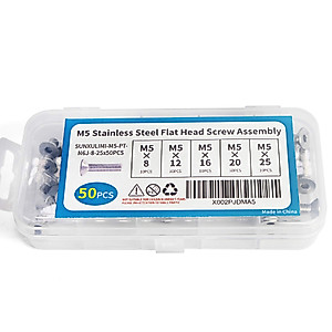 M5 x 8mm 12mm 16mm 20mm 25mm Flat Head Hex Socket Cap Screws Countersunk Bolts, 304 Stainless Steel, Fully Threaded, Bright Finish, Metric Allen Hex Drive, Assortment Kit 50PCS