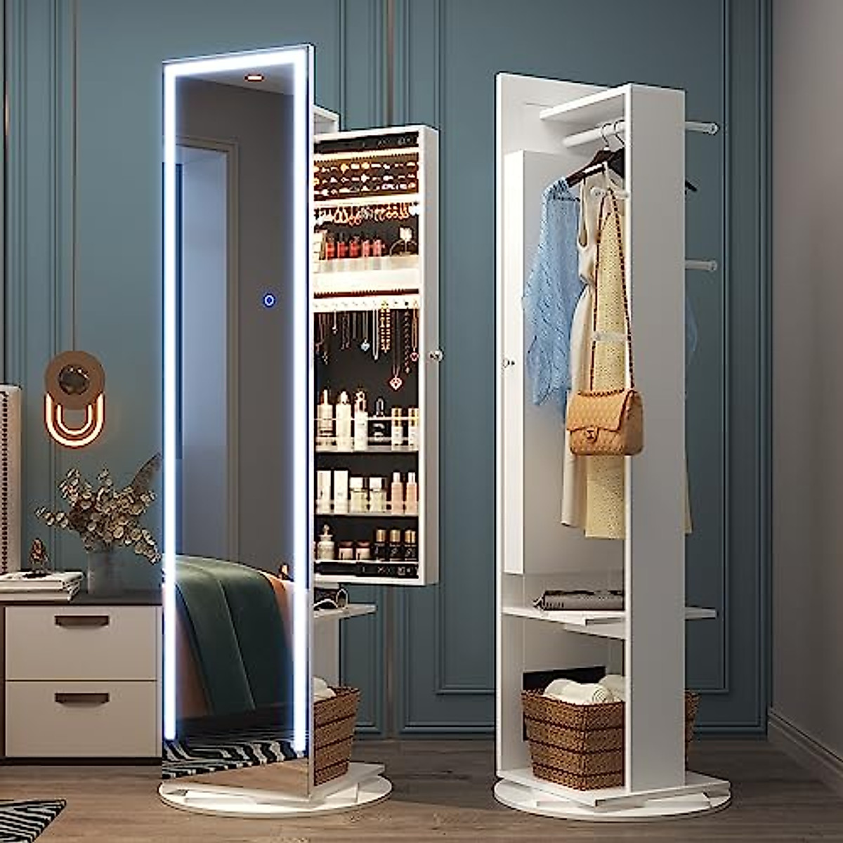 LVSOMT 360°Swivel Full-Length Mirror Jewelry Cabinet Armoire, Touch Screen Full Body Mirror with Jewelry Storage, Large Floor Jewelry Organizer for Bedroom, w/Coat Rack, Shelves(White)