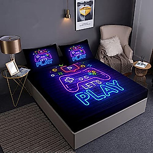 NINENINE Gaming Fitted Sheet Twin Size,Gaming Bedsheets for Boys Teens Kids,Gamepad Video Games Bedding Set with 1 Fitted Sheet and 1 Pillow Case