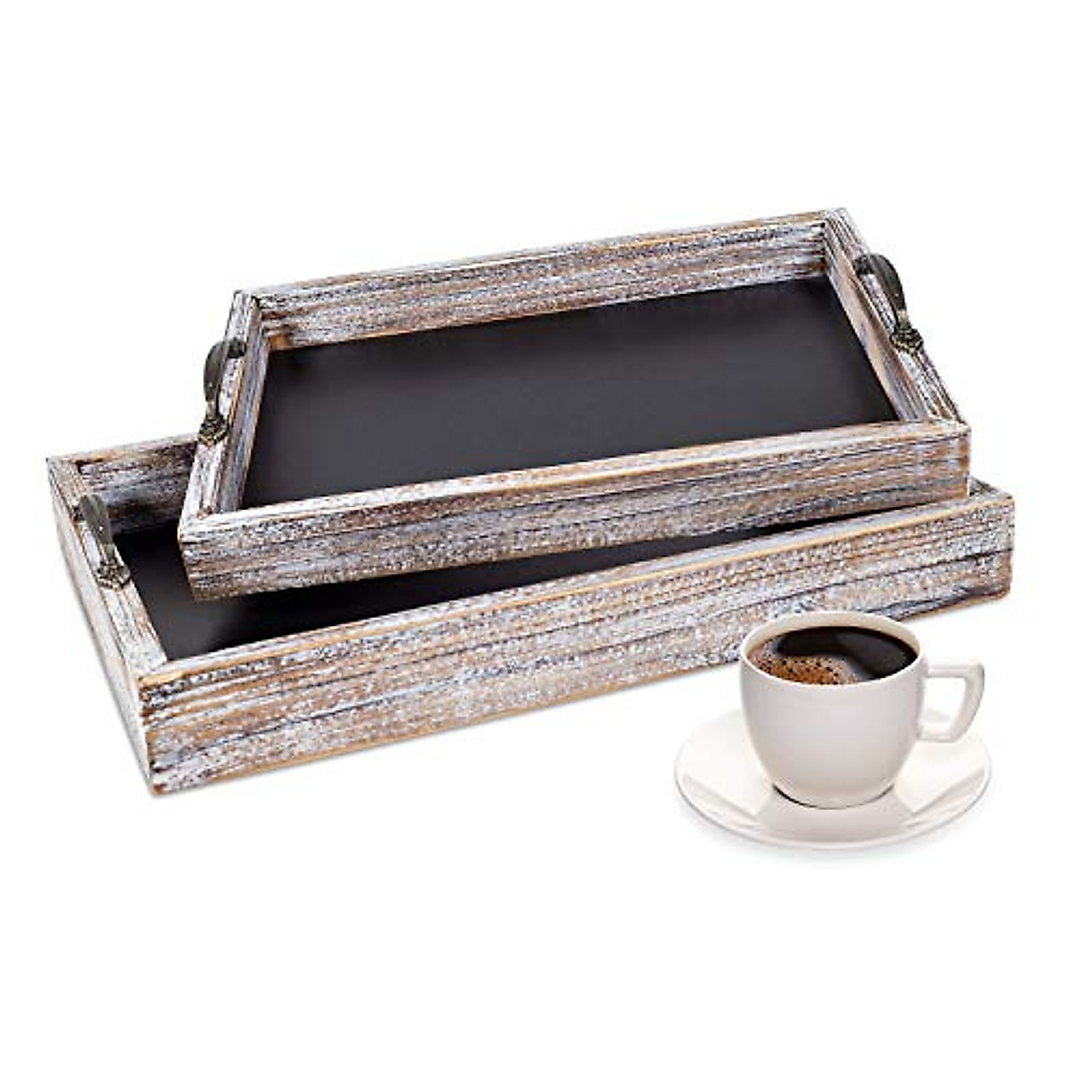 Serving Trays – Rustic Nesting Serving Trays with Chalkboard Surface and Decorative Handles – Charcuterie Tray for Coffee Table – Set of 2 Stackable Wood Serving Trays – Vintage Design