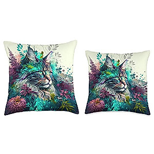 Maine Coon Designs Maine Coon Cat Watercolor Splash Artistic Floral Throw Pillow, 18x18, Multicolor