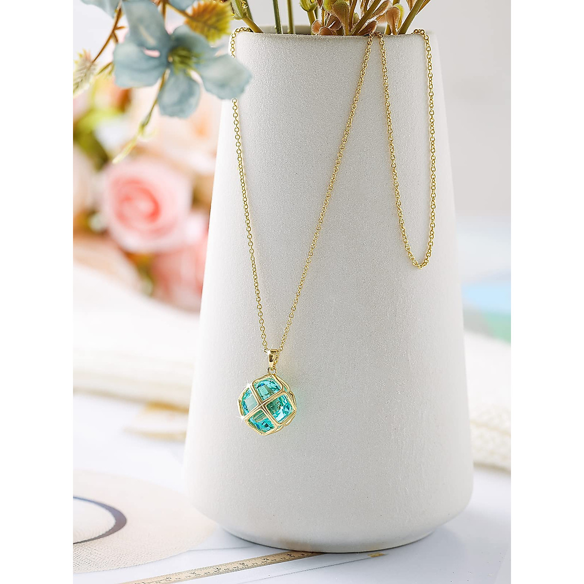 Qinpan 14MM Crystal Pendant Drop Dangle Necklace Earrings Set for Women Glod Plated Costume Jewelry Sets, 38*17.8mm, Yellow Gold, crystal