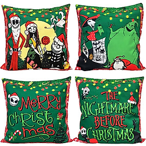 Generic Nightmare Before Christmas Pillow Covers, 4pcs Jack and Sally Holiday Winter Throw Pillow Covers 18x18 Merry Christmas Couch Sofa Christmas Decorations Holiday Pillow Cases, Green, ER123