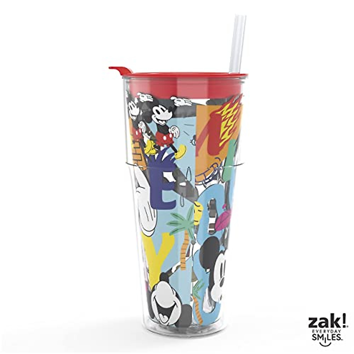 Zak Designs Disney Insulated Plastic Tumbler with Press-In Lid and Straw, Made with Durable and Non-BPA Material for Travel Cold Drinks (16 oz, Mickey Mouse)