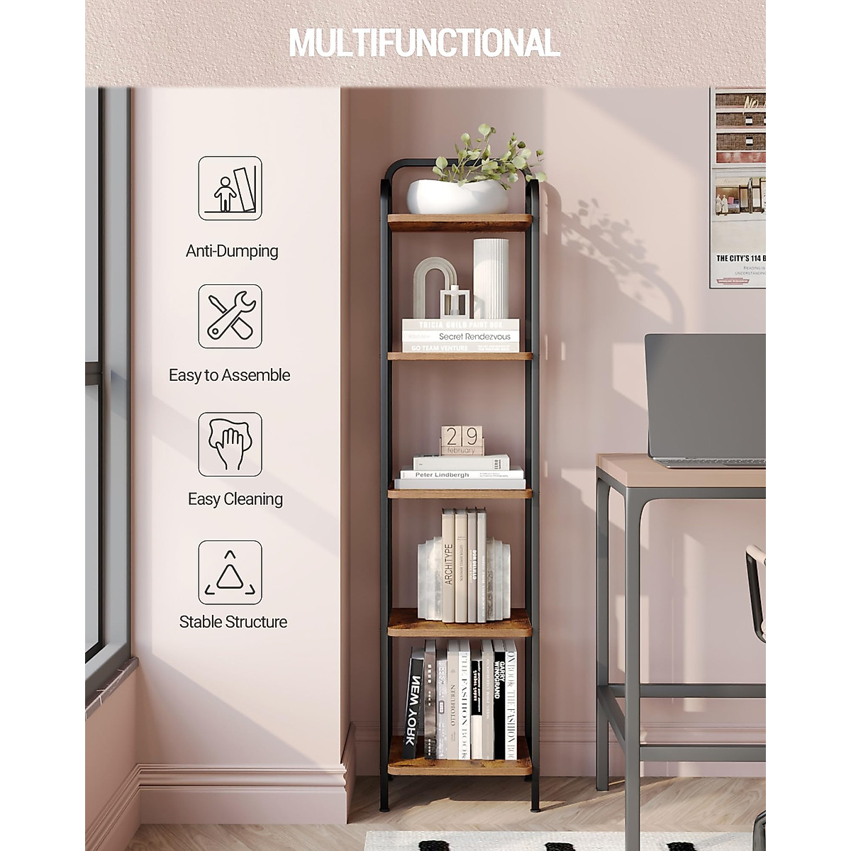 Hzuaneri Bookcase Bookshelf, Narrow Book Shelf, Industrial Corner Shelf Storage Organizer, Slim Shelving Unit for Home Office, Living Room, Bedroom, Kitchen, 5-Tier Rustic Brown and Black BC24501B