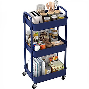 Sywhitta 3-Tier Plastic Rolling Utility Cart with Handle, Multi-Functional Storage Trolley for Office, Living Room, Kitchen, Movable Storage Organizer with Wheels, Blue